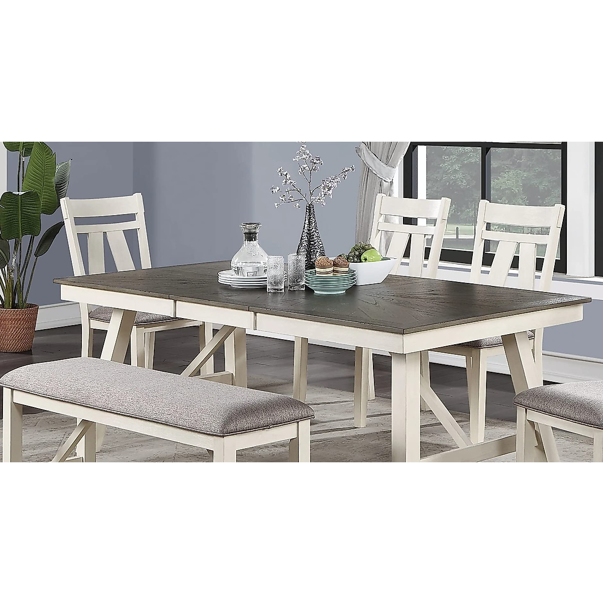 Dining Room Furniture 6pc Dining Set Table w Leaf and 4X Side Chairs 1x Bench Gray Fabric Cushion Seat White Clean Lines Wooden Table Top