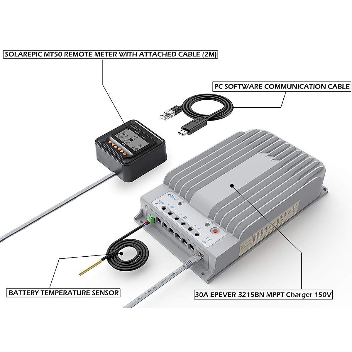 EPEVER MPPT Solar Charge Controller 30A 150V PV Solar Panel Controller Negative Ground W/ MT50 Remote Meter + Temperature Sensor PC Monitoring Cable