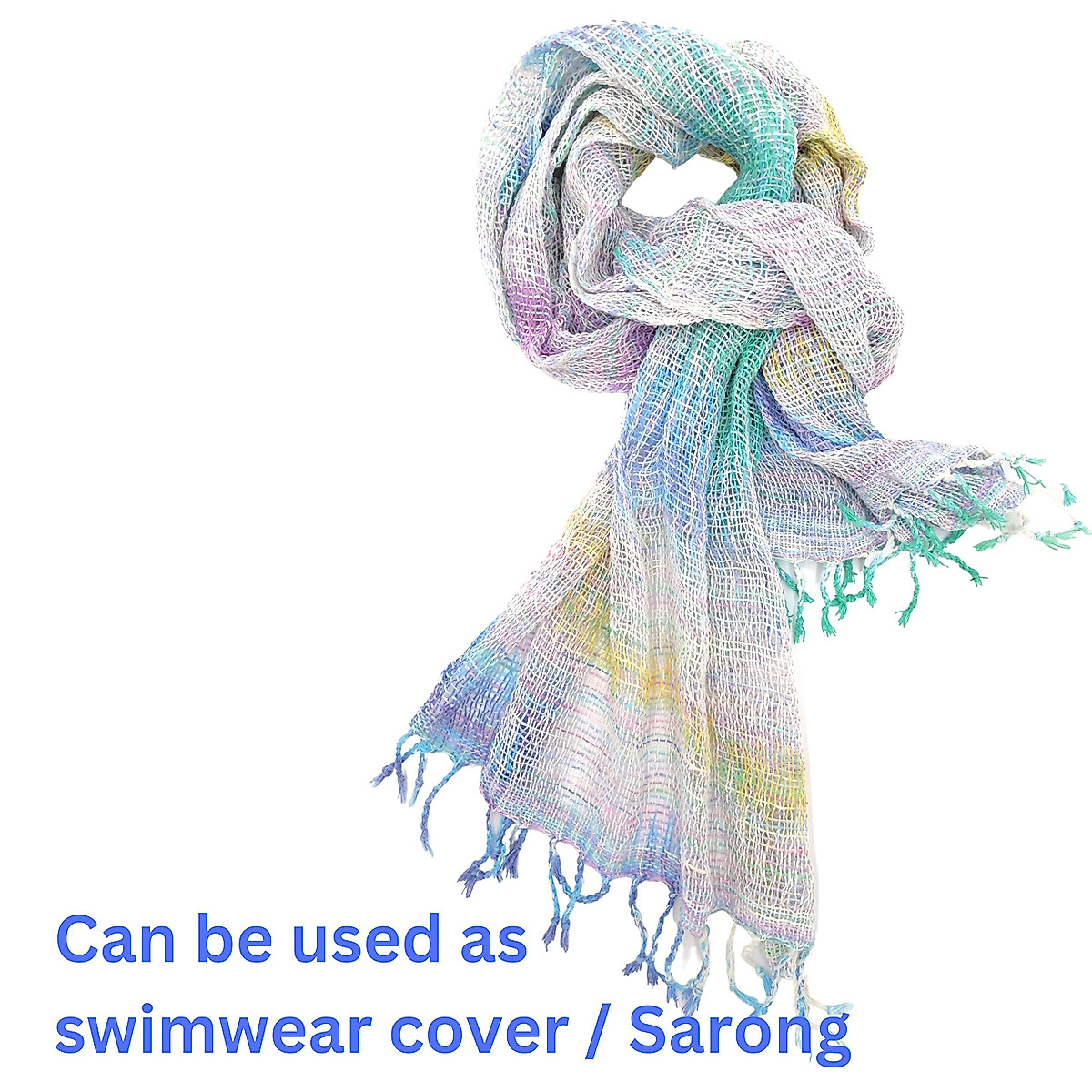 Cotton Scarf for Spring, Color Shade Scarves for Women, Colorful Wrap Shawl, Soft Swimwear Cover, Handmade Knitted Scarfs (Indigo)