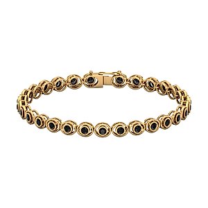 2 CT Bezel Set Black Onyx Unisex Round Shape Tennis Chain Bracelet (AAA Quality), 14K Yellow Gold, 6.5 inches