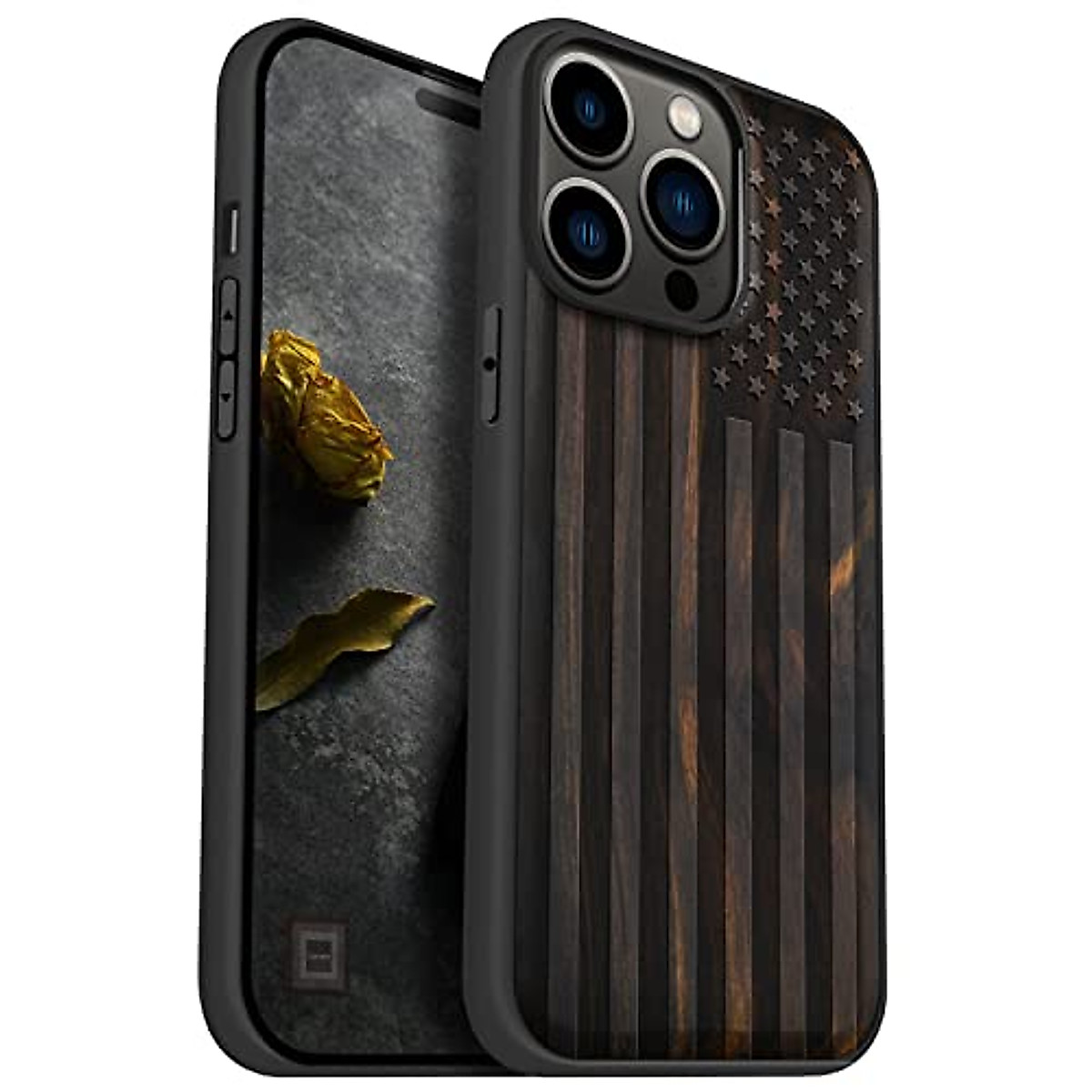 Carveit Magnetic Wood Case for iPhone 14 Pro Max [Natural Wood & Black Soft TPU] Shockproof Protective Cover Unique & Classy Wooden Case Compatible with magsafe (American Flag -Blackwood)