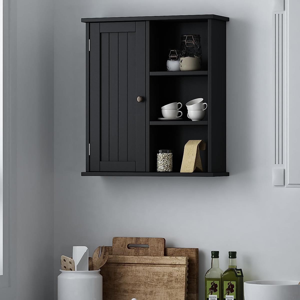 Treocho Bathroom Wall Cabinet, Medicine Cabinet with Door and 3 Open Shelves, Wall Mounted Storage Organizer for Bathroom, Kitchen, Living Room, Black