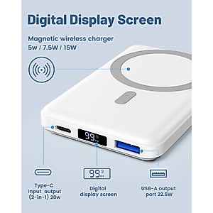 Yiisonger Wireless Power Bank, Slim 10000mAh Magnetic Portable Charger 22.5W PD Fast Charging, Mini Mag-Safe Battery Pack QC3.0 LED Display USB-C Compatible with iPhone 15&14&13&12 Series(White)