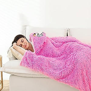 YIRDDEO Wearable Blankets Hoodie Pink Fluffy Blanket Cute Dinosaur Oversized Travel Blanket Warm Comfy Adult Picnic Animal Blankets with Plush Sleeves