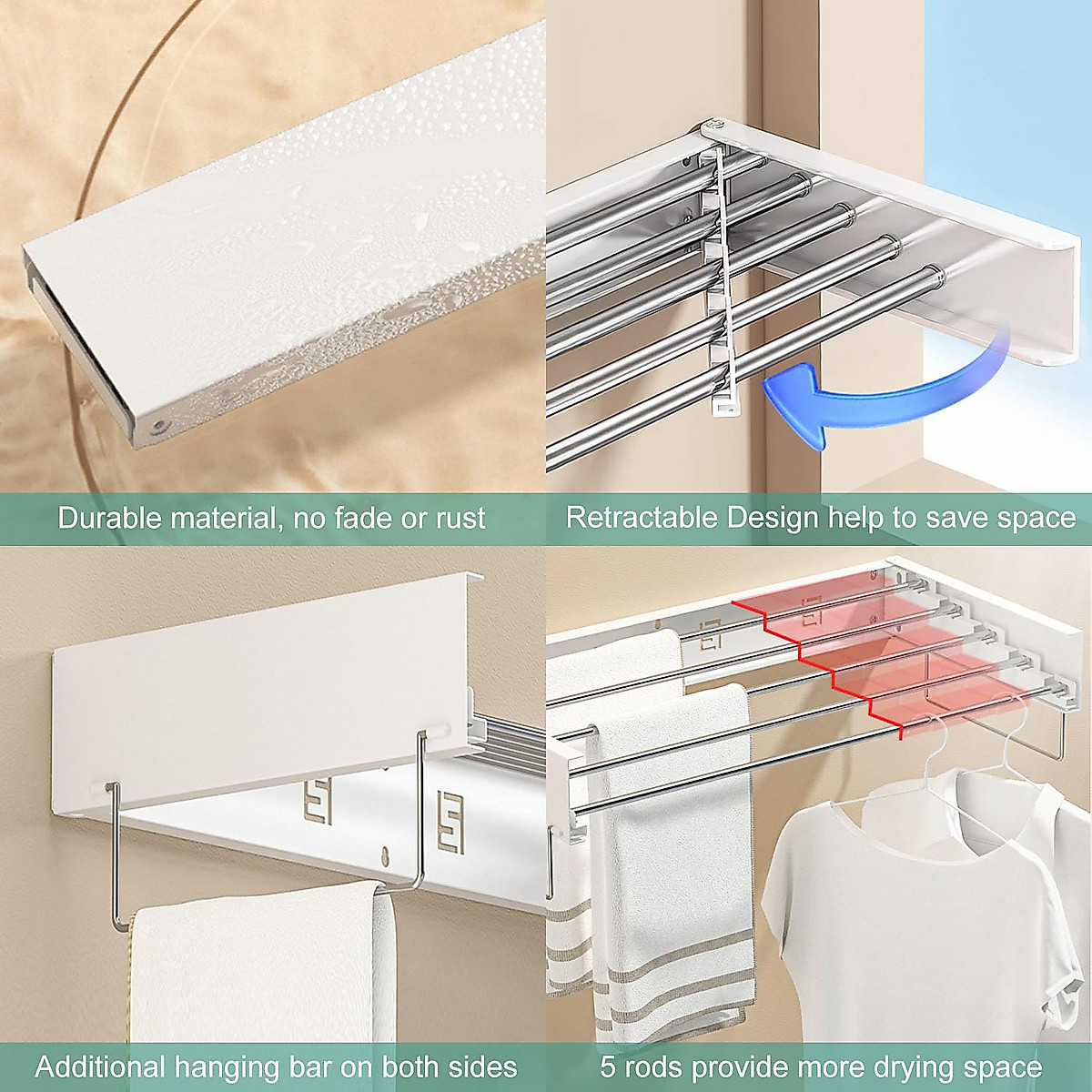 Wall Mounted Drying Rack, Laundry Drying Rack Collapsible, Clothes Drying Rack, Towel Drying Rack for Indoor & Outdoor with Wall Template & 5 Rods, 60 lb Capacity, 31.5” Wide, 13.5 Linear Ft, White