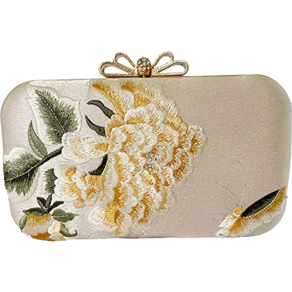 AININTON Women Embroidered Bag Silk Shoulder Bag Rectangle Handbag Champaign Gold Crossbody Bag with Pearl Chain for Wedding Party Banquet