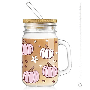 Whaline Fall Mason Jar Mug with Handle 18oz Pumpkin Flower Star Mason Jar Drinking Glasses Pink White Pumpkin Ice Coffee Cups with Lid and Straw for Iced Coffee Tea Soda Cocktail Gifts