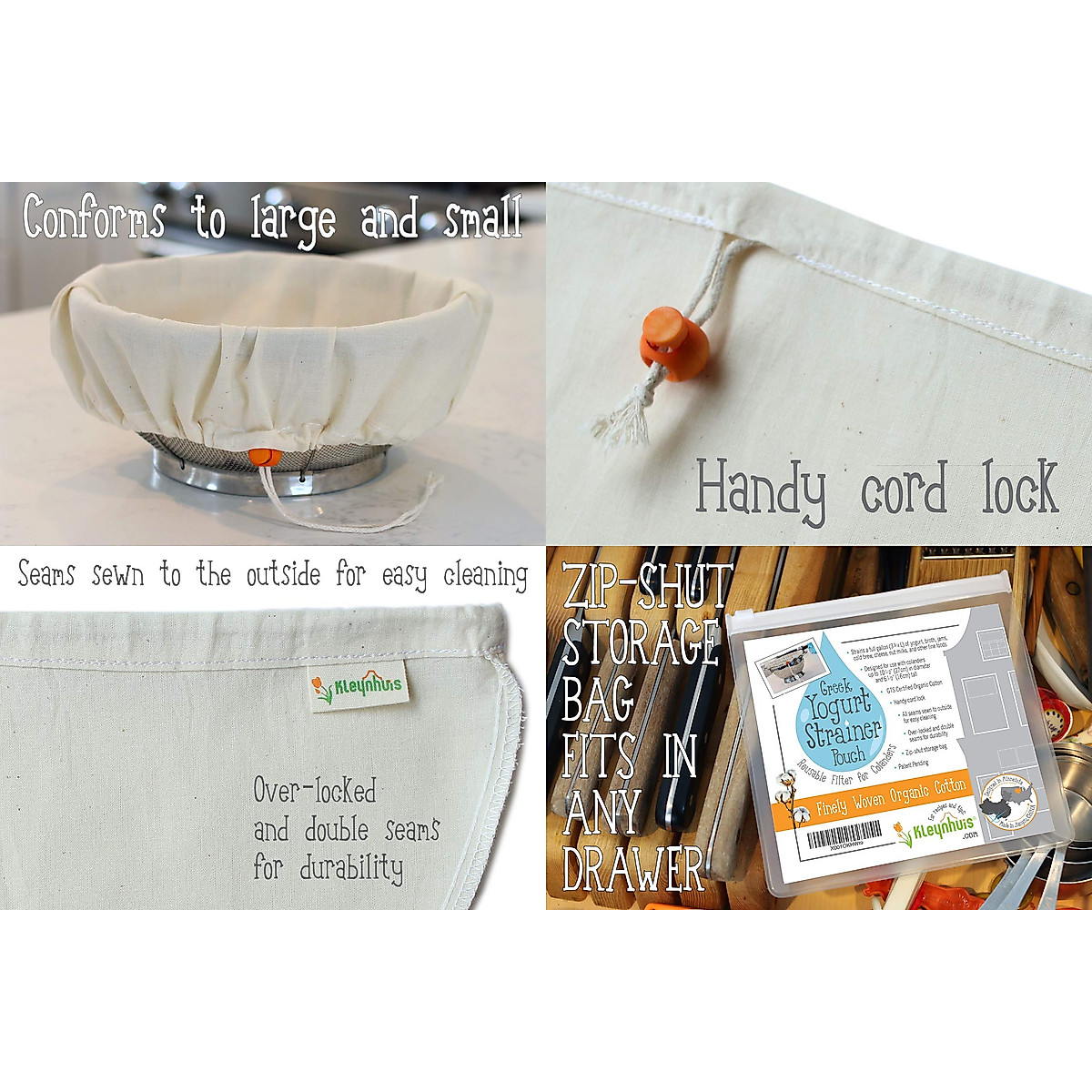 Kleynhuis Greek Yogurt Strainer Pouch, Organic Cotton (16"X9") / Reusable Cheesecloth Alternative