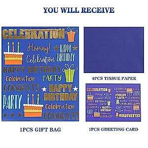 Jaywayang 12.6" Large Happy Birthday Gift Bag with Card and Tissue Paper (Blue)