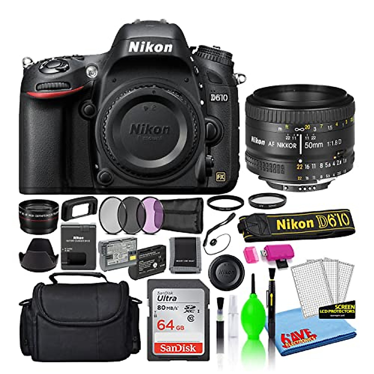 Nikon D610 24.3MP DSLR FX-Format Digital Camera with AF 50mm f/1.8D Lens (1540) Deluxe Bundle with 64GB SD Card + Large Camera Bag + Filter Kit + Spare EN-EL15 Battery + Telephoto Lens (Renewed)