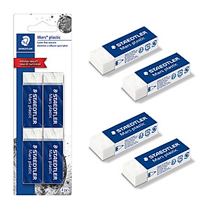 STAEDTLER Mars Plastic, Premium Quality Vinyl Eraser, White, Latex-free, Age-resistant, Minimal Crumbling (526 50 BK) 4 Count (Pack of 1)
