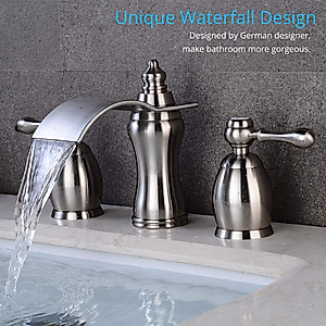 Wovier Brushed Nickel Waterfall Widespread Bathroom Sink Faucet,Two Handle Three Hole Brass Lavatory Vanity Faucet,8-16 Inch Basin Mixer Tap with Pop Up Drain Assembly