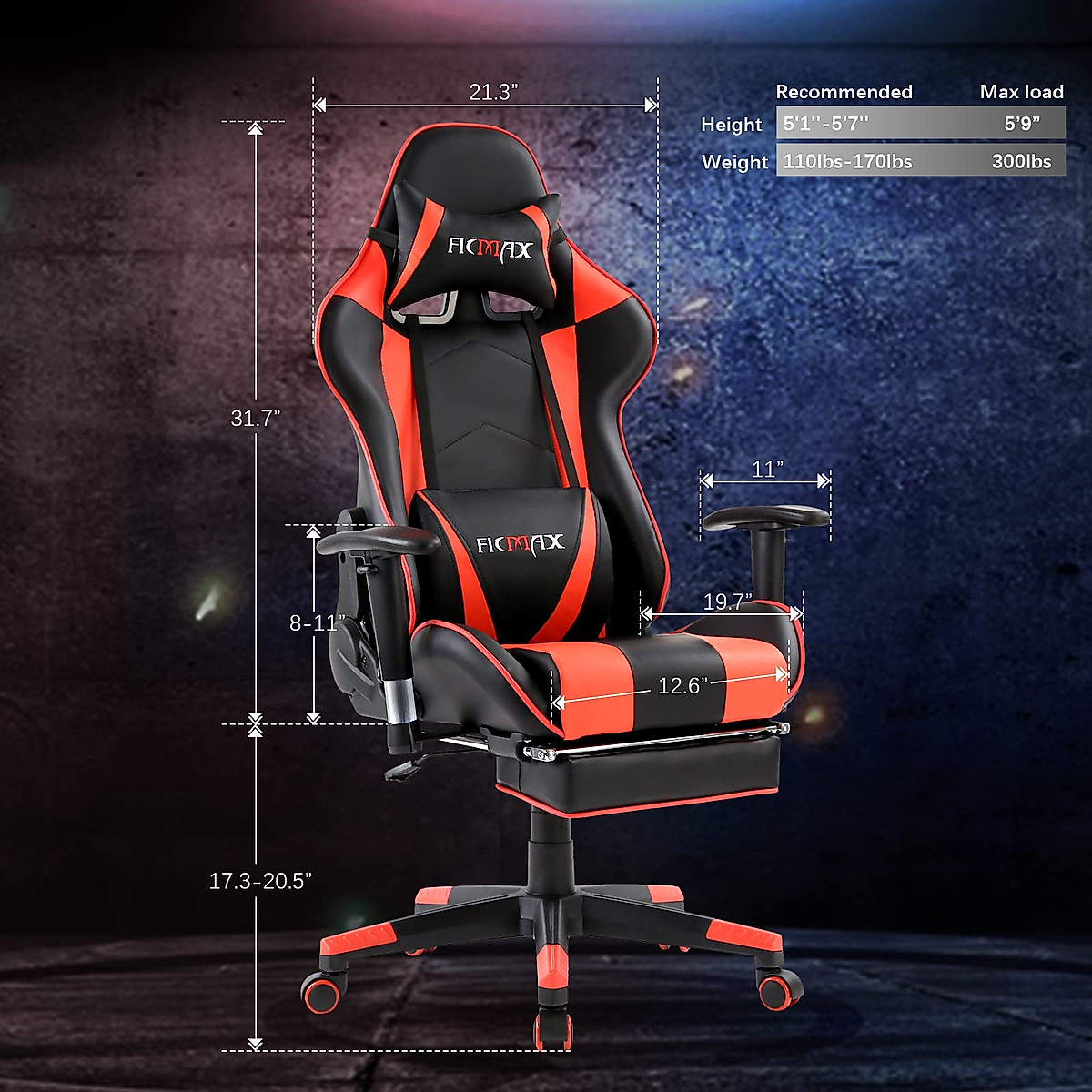 FICMAX Massage Gaming Chair Ergonomic Gamer Chair with Footrest Reclining Computer Gaming Chair Racing Style Home Office Chair High Back Gaming Desk Chair with Headrest and Lumbar Support(Black/Red)