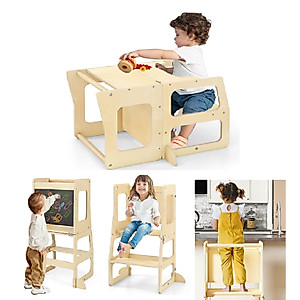 INFANS Kids Table and Chair Set, 4 in 1 Foldable Wooden Activity Table with Blackboard Easel, Montessori Step Stool Table and Chair Set, Toddler Furniture Table for Playing Drawing Reading or Eating