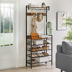 IBUYKE Coat Rack Shoe Rack, 4 in 1 Multi-Function Hall Tree with Slant Adjustable Shoe Storage, 5-Tier Storage Shelf and 9 Hooks Removable, Industrial Accent Furniture for Entryway, UTXJ008H