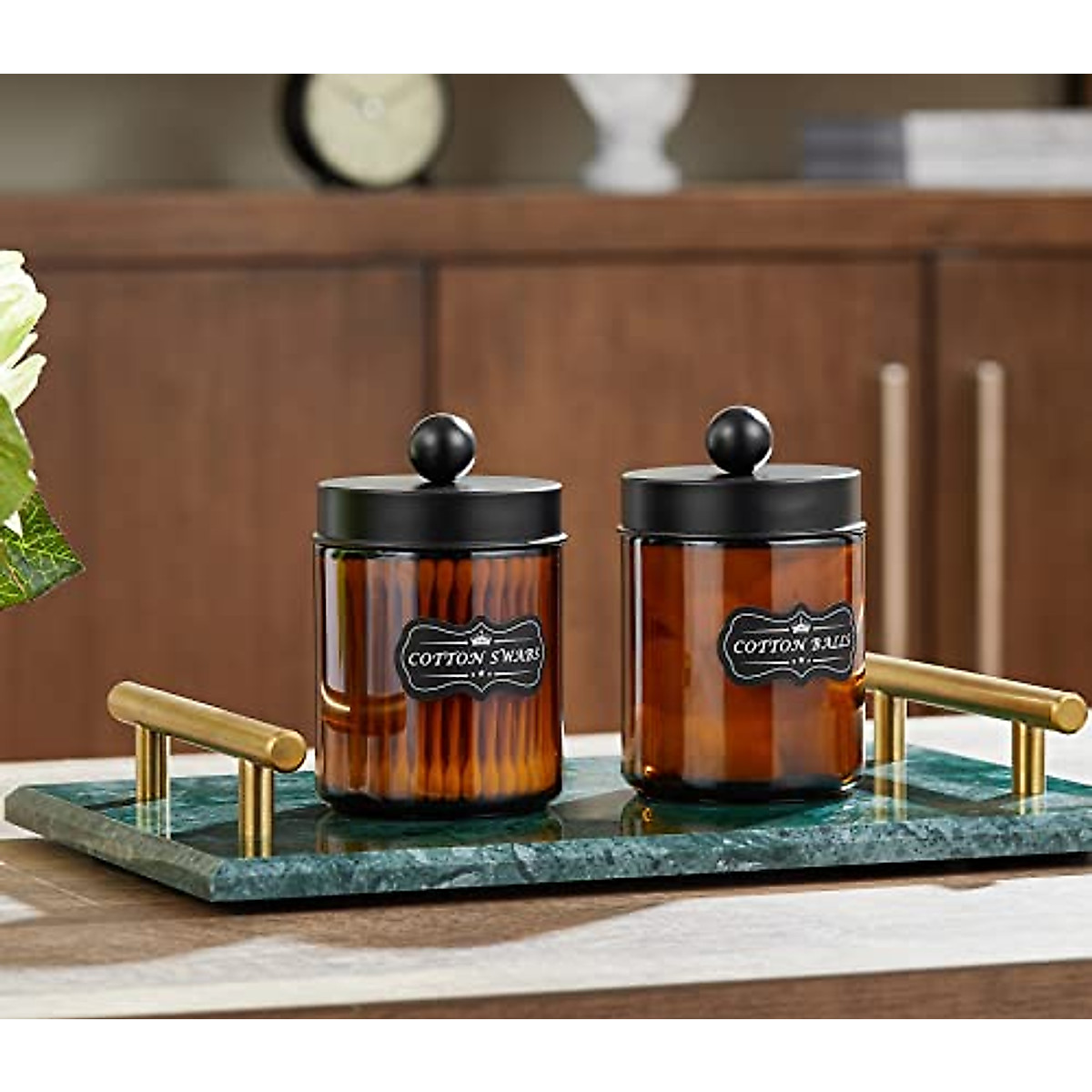 INIUNIK Amber Glass Qtip Holder, 2 Pack Apothecary Jars with Lids Cotton Ball Holder Cotton Round Swab Pad Holder, Bathroom Jars Counter Storage Jars Containers for Restroom Bathroom Organizer, Amber