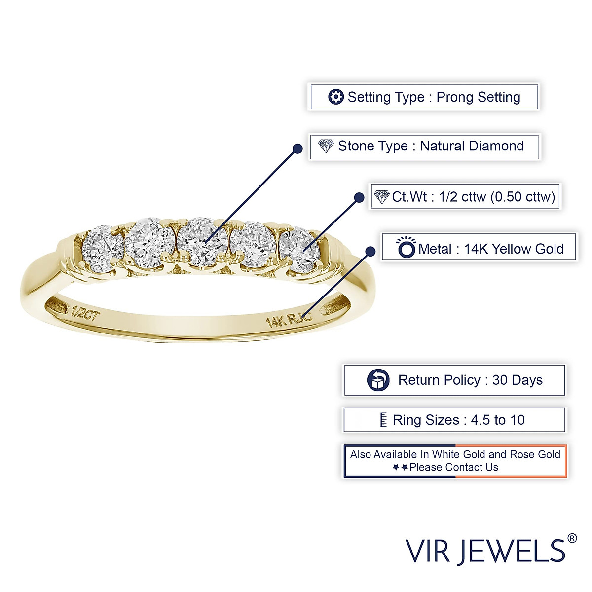 VIR JEWELS 1/2 cttw 5 Stone Diamond Ring Engagement Bridal in 14K Yellow Gold Round Prong Size 7