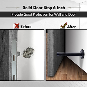 Door Stops, 6 Inch Long Door Stopper, Wall Mount, Heavy Duty Solid Black Doorstop Brushed Stainless Steel with Soft Rubber Bumper Tips