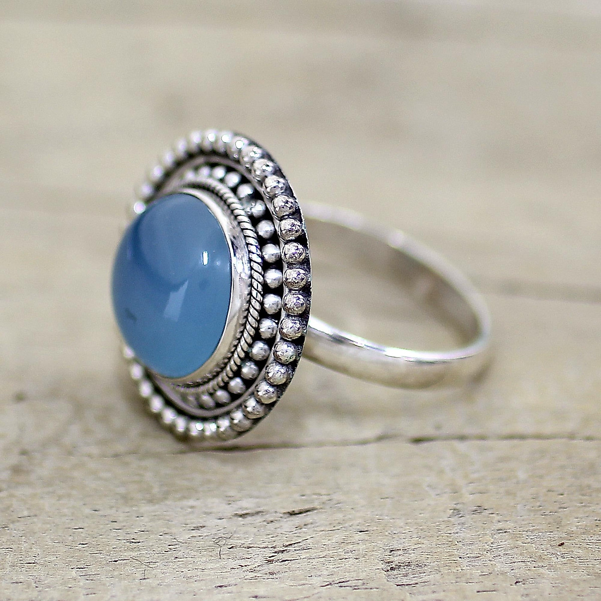 NOVICA Artisan Handmade Blue Chalcedony Cocktail Ring Round Sterling Silver India Gemstone [ring Front 0.3 in H x 0.9 in Diam. Band Width 3 mm W] ' Azure Skies'