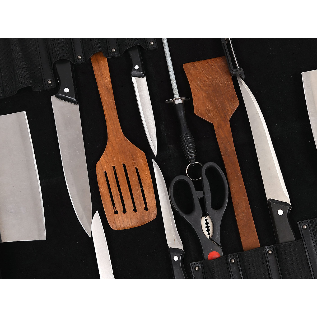 Aaron Leather Goods Leather Knife Roll Storage Bag | Elastic and Expandable 10 Pockets | 6 Leather Pocket | Travel-Friendly Chef Knife Case Roll (Raven, Leather)