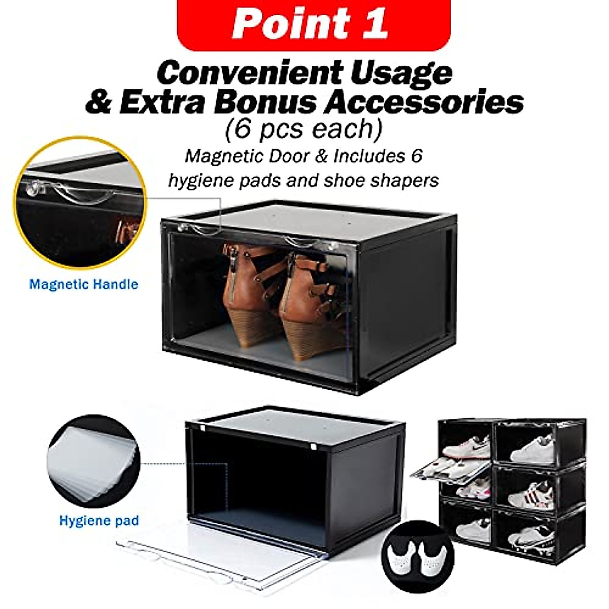 Letusto Premium Shoe Storage Boxes - Clear Plastic Shoe Throne Display Case (6 pack, Neon Green), Stackable Shelves Large Sneaker Containers Cases with Lids + 6 Hygiene Pads & Shapers