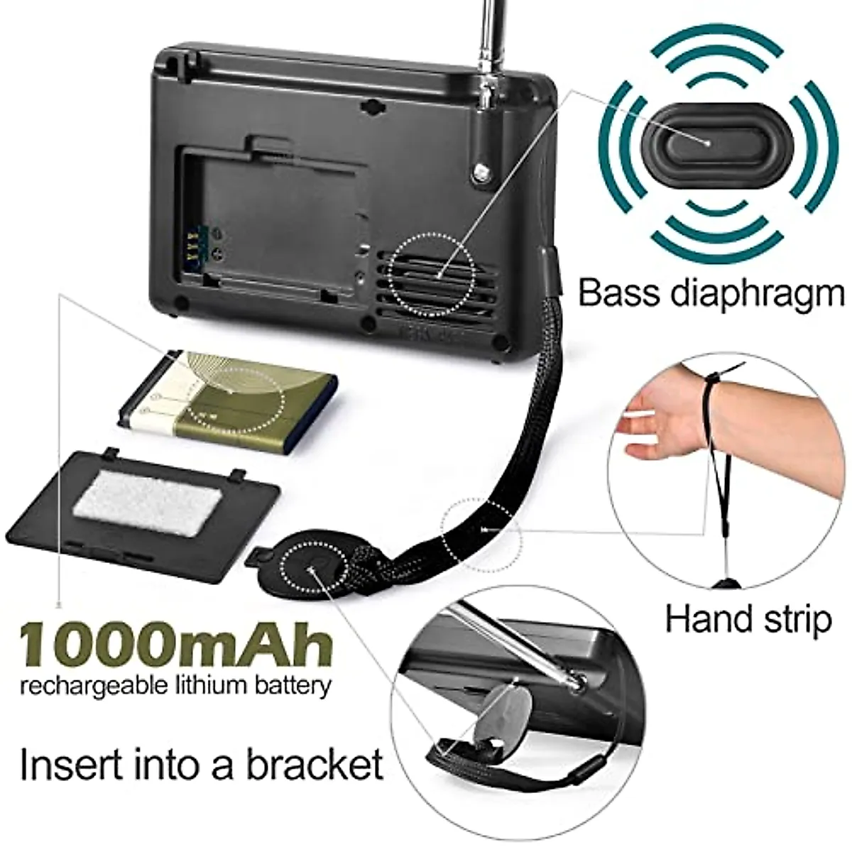 ZHIWHIS Portable Bluetooth Radio, FM AM Shortwave Radios with Sleep Timer and Preset Function, Rechargeable Digital Recorder, Stereo MP3 Player with Lyric Display, Support Micro SD Card and AUX