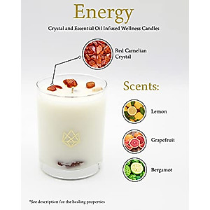 Aluminate Life Luxury Glass Jar Candle, Energy - Red Carnelian Crystal Infused - Scents of Lemon, Grapefruit, & Bergamot - Passion, Confidence, & Vitality - Coconut Wax, Essential Oils, Dr. Developed