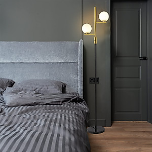 Asmymhd Dimming Floor Lamp with 2 Sphere Frosted Glass Globes,Mid Century Gold and Black Standing Lamp for Living Room, Bedroom, Office. (Black+Gold)