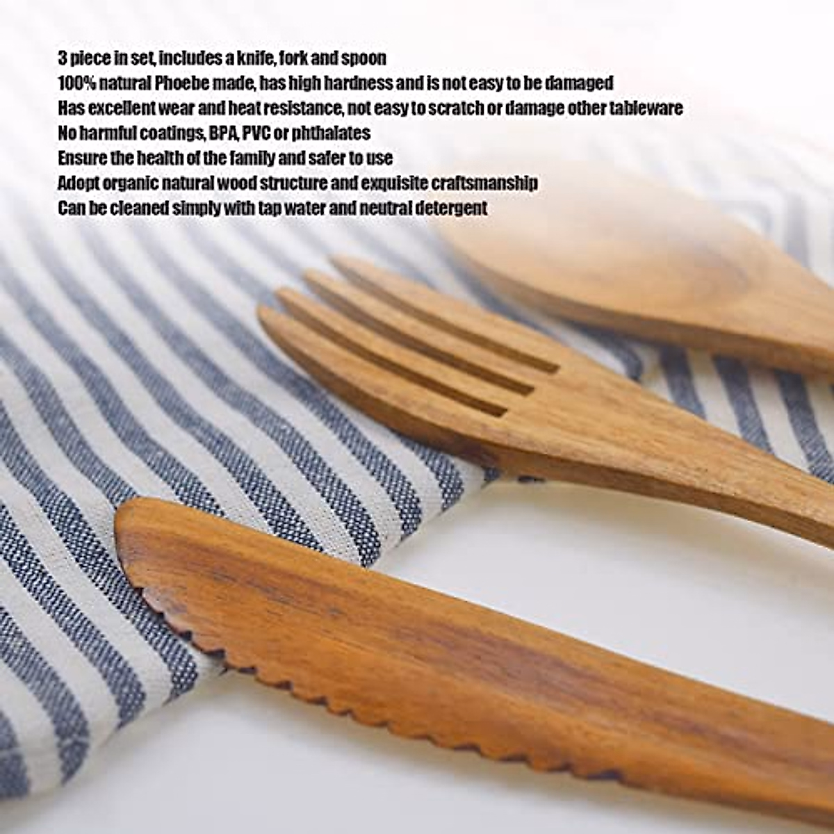 3 Pcs Wooden Knife Fork Spoon Set Heat Resistant Reusable Straight Handle Stylish Wooden Dinner Utensil Kit Durable Kitchen Utensil for Home Use