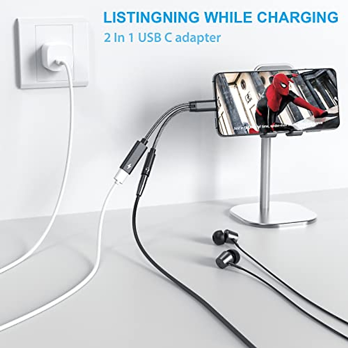Tamshun USB C to 3.5mm Audio Adapter and Charger, 2 in 1 USB C Splitter with Audio Aux Headphone Jack, PD 60W Fast Charing Port, HiFi Stereo Adapter, Compatible with Samsung S22/S21/S20/Ultra/A53
