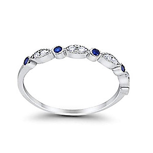 2mm Half Eternity Wedding Band Art Deco Design Round Simulated Blue Sapphire CZ 925 Sterling Silver, Size-6