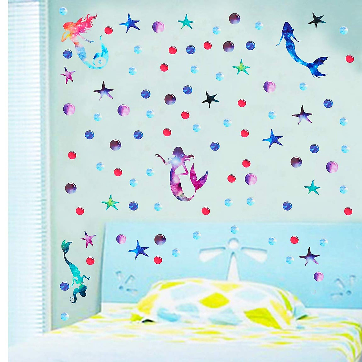 130+ Mermaid Wall Decal - Mermaids Starfish Bubble Stickers for Girls Room Bedroom Bathroom Decoration - Ocean/Underwater/Under the Sea Baby Shower/Birthday Party Supplies