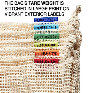 Reusable Produce Bags + Bulk Food Bags + String Bag, 7-pack - Assorted Sizes, Organic Cotton Materials (Mesh, Muslin, Net), Tare Weight Label, Washable, Drawstrings, Zero Waste Shopping Kit, Green