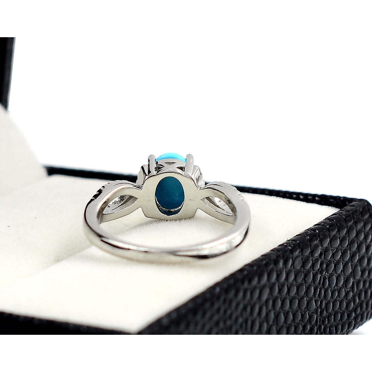 8X6 MM Oval Natural Blue Turquoise Cabochon 925 Sterling Silver December Birthstone Solitaire Unisex Proposal Ring Valentine Day Gift For Girlfriend Gift (Rhodium Plated Silver, 8)