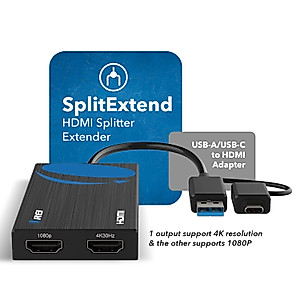 OREI SplitExtend HDMI Splitter Extended Display for Dual Monitor - Multi-Monitor Display 3 Separate Screens - USB A & USB-C Adapter to HDMI 2.0, 4K@30Hz Output 1, 1080p Output 2 for Windows, Mac OS G