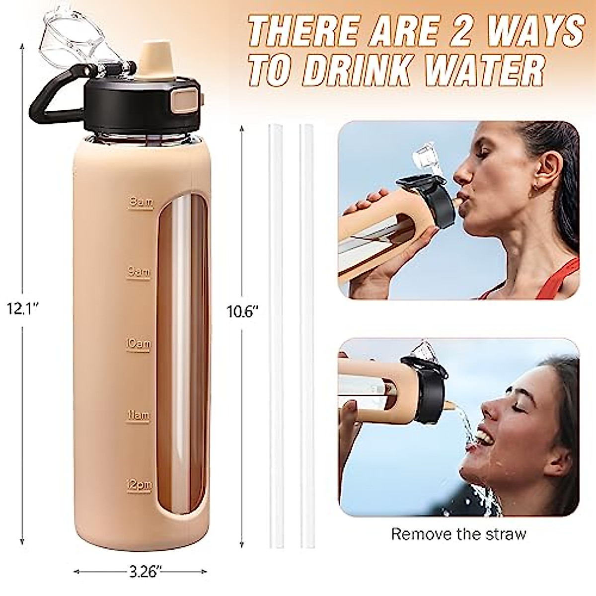 Kodrine Water Bottle with Soft Straw and Carry Loop, 32 oz Glass Water Bottle, Bottle with Locking Lid Leakproof, Sports Water Jug, Motivational Drinking Bottles for Gym Travel Home, Amber