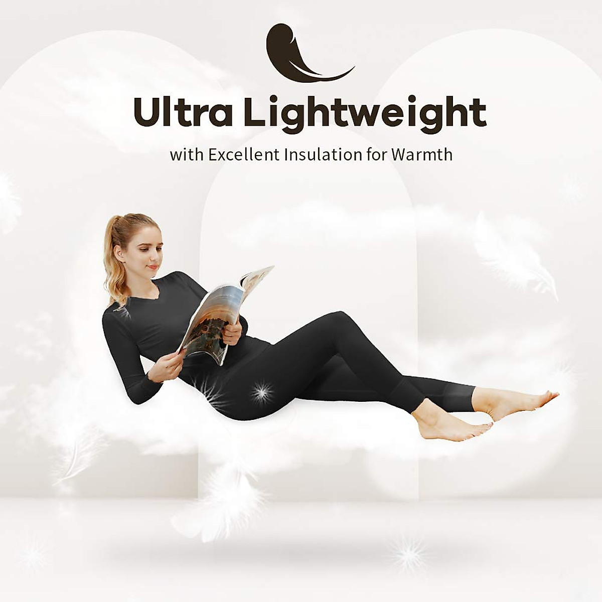 MANCYFIT Womens Thermal Underwear Long Johns Set with Fleece Lined Ultra Soft V Neck Black Large