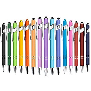 Xccj 15 Pieces Ballpoint Pens with Stylus Tip, Metal Pen Stylus for Touch Screens, Black Ink Ballpoint Pen Colorful for Office School Stationery Supplies