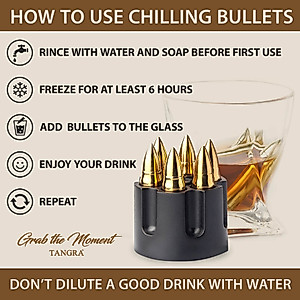 Golden Whiskey Stones Extra Large 6 Laser Engraved Stainless Steel Bullets with Revolver Barrel Base Reusable Chilling Rocks Stone Ice Cubes Chillers Birth Day Gift Set for Father's Day, Military Man.