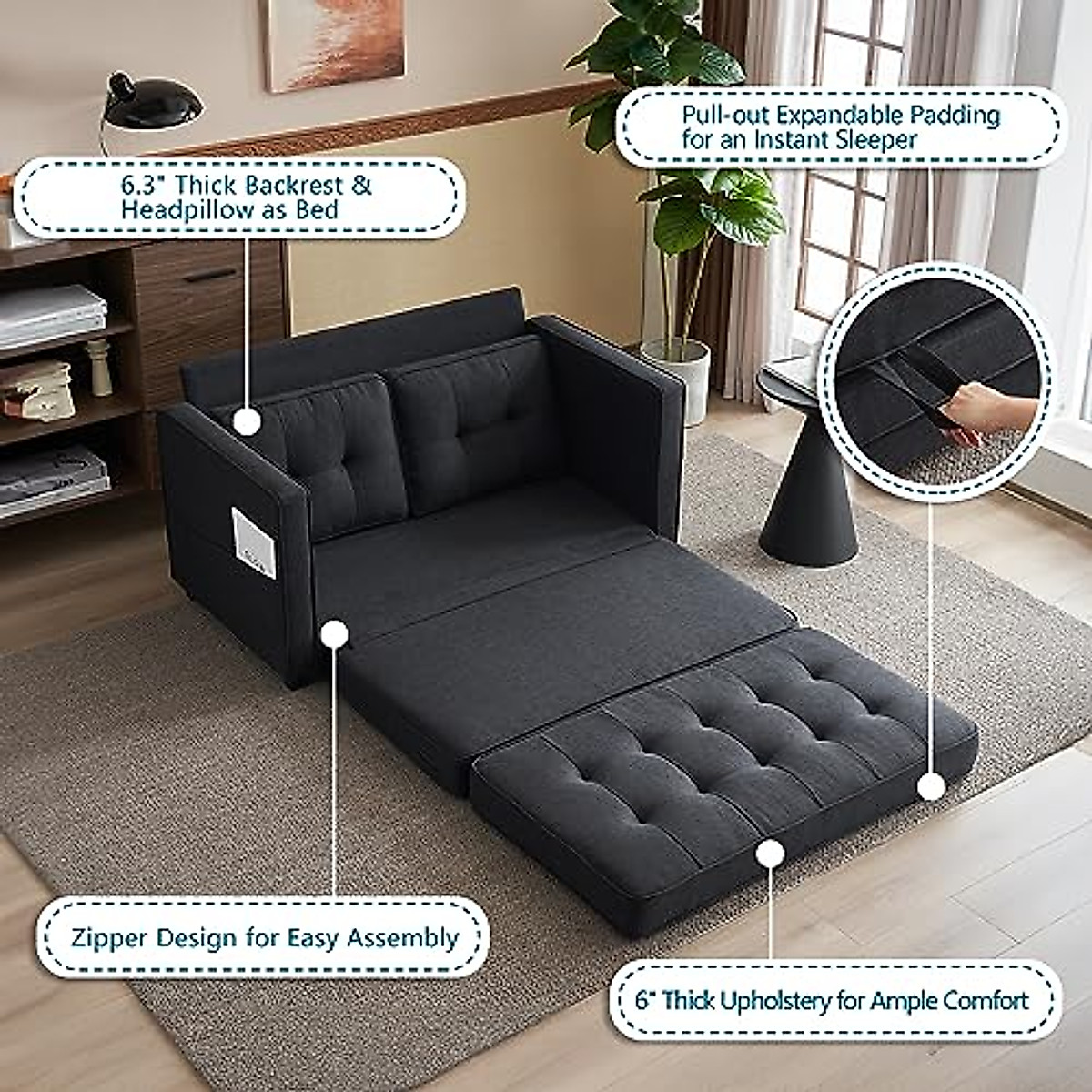 VINGLI Upgraded Loveseat Sleeper, 53.5" W 83" L Convertible Sofa Bed Couch Futon Couches for Living Room, Folding Couch Bed for Small Spaces, Fold Out Floor Gaming Sofa Bed for Basement, Black