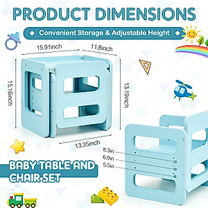 Beeveer Montessori Weaning Table and Chair Set Kids Toddler Wooden Table and Chair Set Adjustable Height Weaning Table with Fence for 8 Mouth-4 Years Old Activity Reading Play Toys Gift(Blue)