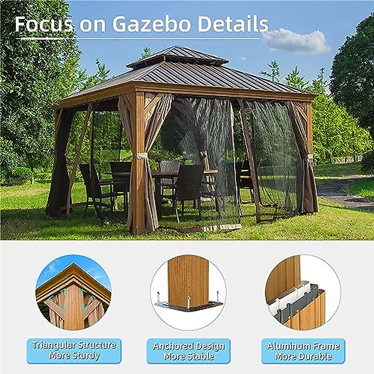 12'x12' Hardtop Gazebo, Outdoor Canopies and Gazebos, Outdoor Permanent Metal Pavilion with Curtains and Netting for Patio, Deck and Lawn