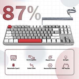 A.JAZZ AK873 Wired 87 Key TKL Retro Color Mechanical Gaming Keyboard with Rainbow Backlit Hot-swap Linear Red Switch NKRO Gasket Custom Coiled Aviator C to A Cable for Win/PC/Mac Gamer(White Gray)