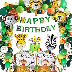 Safari Birthday Decorations, 58PC Wild Jungle Theme Party Supply Animal Balloon Garland Kit Baby Shower Decor for Boy with Monkey Tiger Lion Zebra Reusable Balloon Happy Birthday Banner Tablecloth