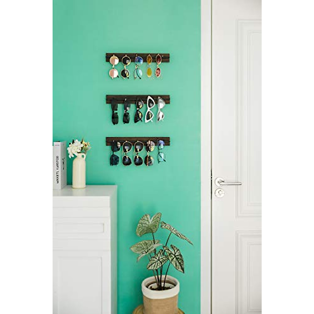 Mkono Wood Sunglasses Storage Organizer Wall Mounted Eyeglasses Holder Eyewear Display Rack Rustic Home Decor, Set of 3, Brown