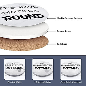 AODAYS Coasters for Drinks with Holder, White Marble-Style Absorbent Round Ceramic Drink Coaster, Bar Coaster with 6 Sayings, Set of 6 with Cork Base (Funny)