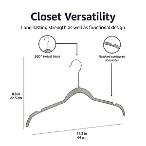 Amazon Basics Slim, Velvet, Non-Slip Shirt Clothes Hangers, Gray/Silver - Pack of 50