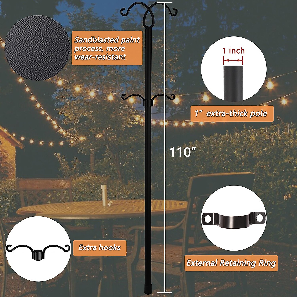 String Light Poles 2 Pack,110IN Height Adjustable Metal Stand Pole with Hooks for Hanging String Lights,Garden, Backyard,Patio Lighting Stand for Parties,Wedding (2Pack-Deck Pole, Black)