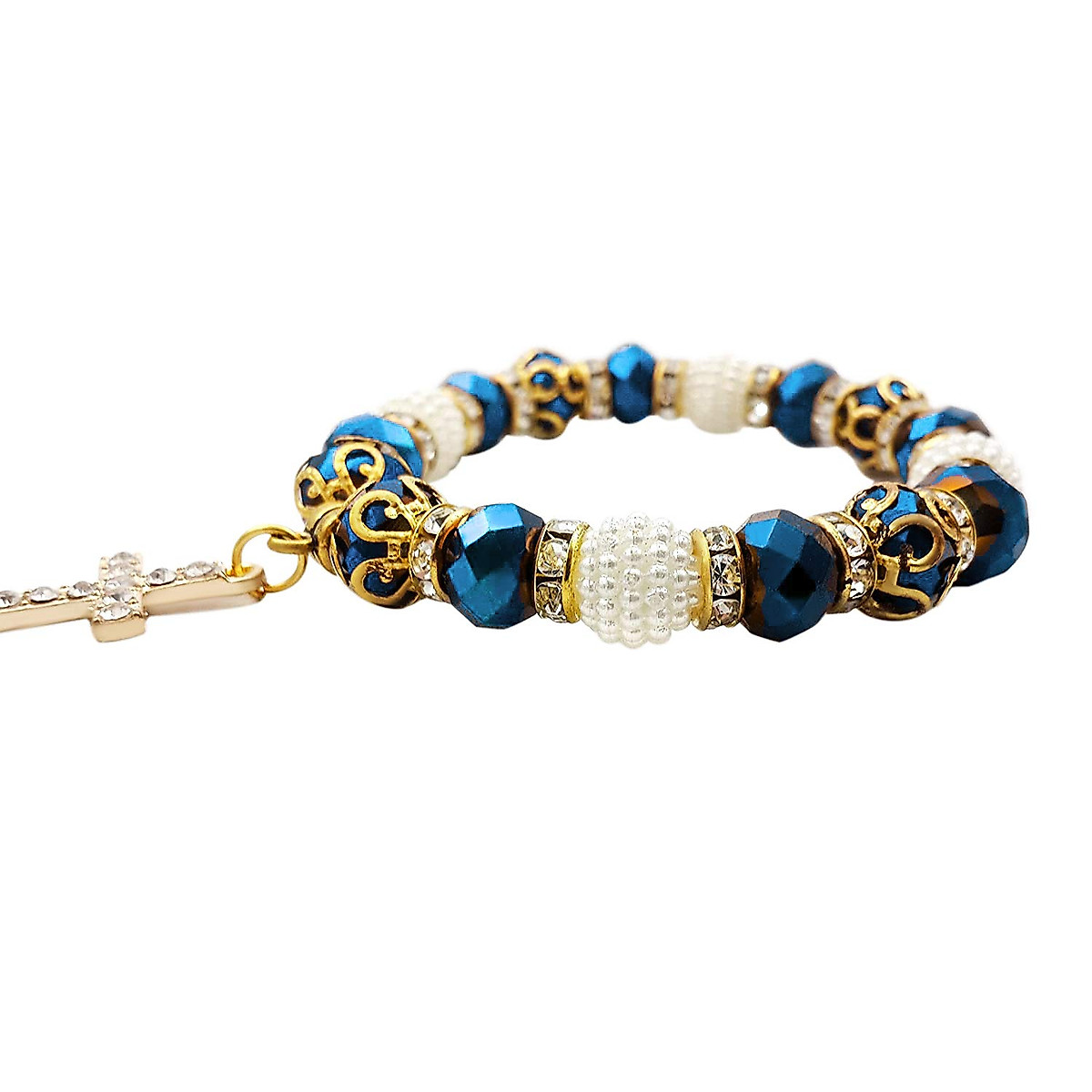 Nazareth Store Catholic Crystallized Cross Deep Blue Crystal Beads Wrist Rosary Bracelet Adjustable Elastic Bangle