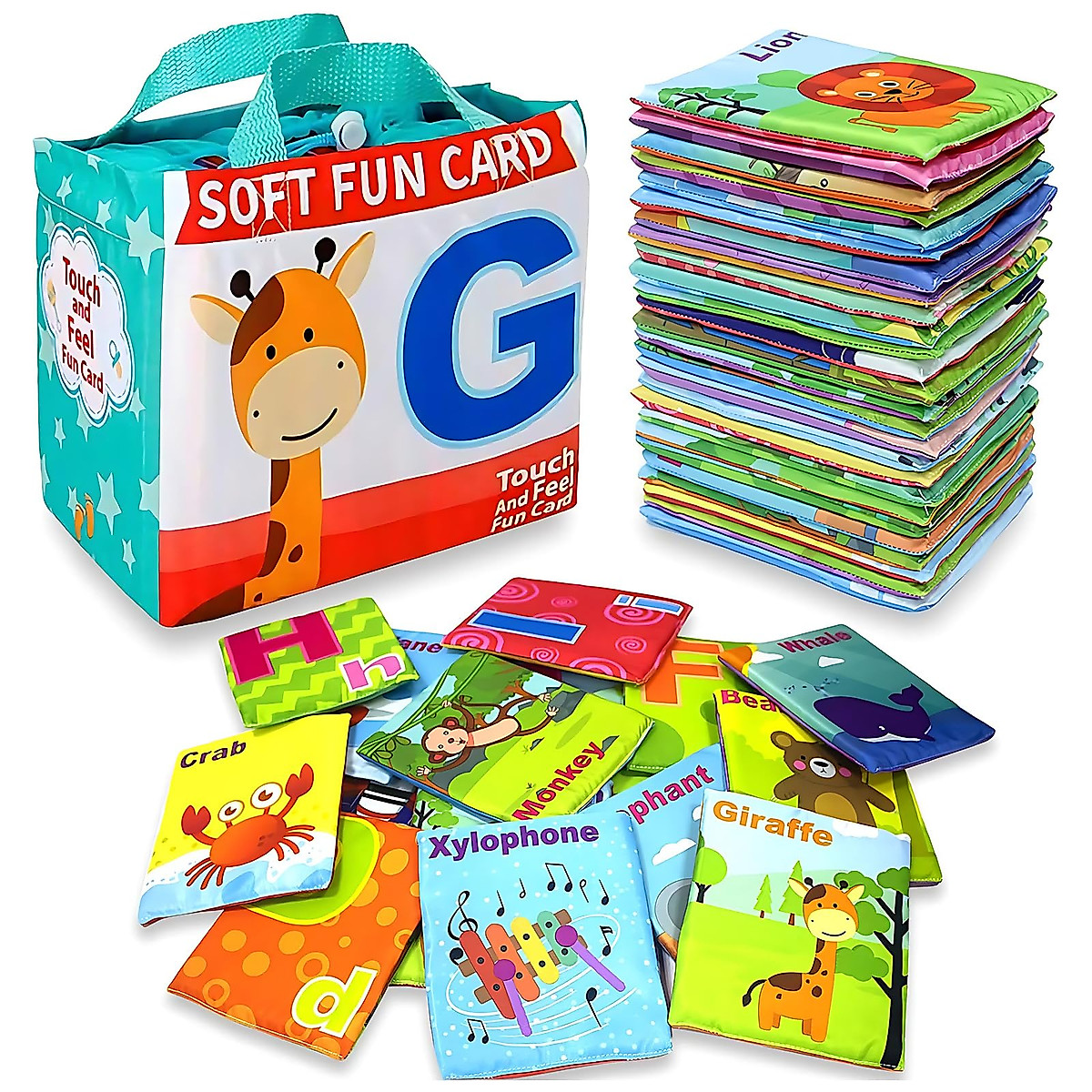 Adpartner Baby Soft Alphabet Cards Toy, 26Pcs ABC Learning Flash Cards with Drawstring Storage Bag, Washable Cloth Letter Cards Early Educational Toys for 0 1 2 3 Years Old Babies Infants Toddlers
